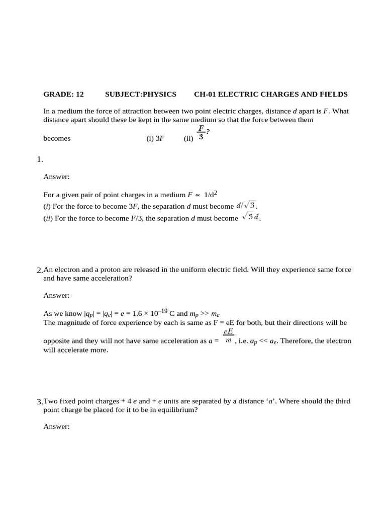 Applications Based Questions in Ch-01 | PDF | Force | Electric Field
