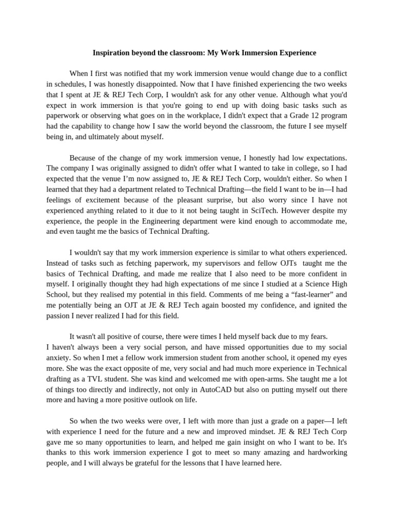 Inspiration Beyond The Classroom - My Work Immersion Experience | PDF