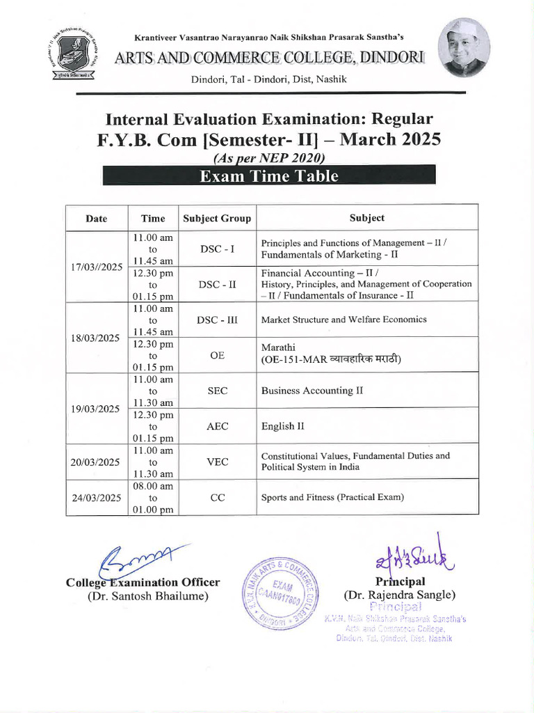 Internal Exam Time Table | PDF