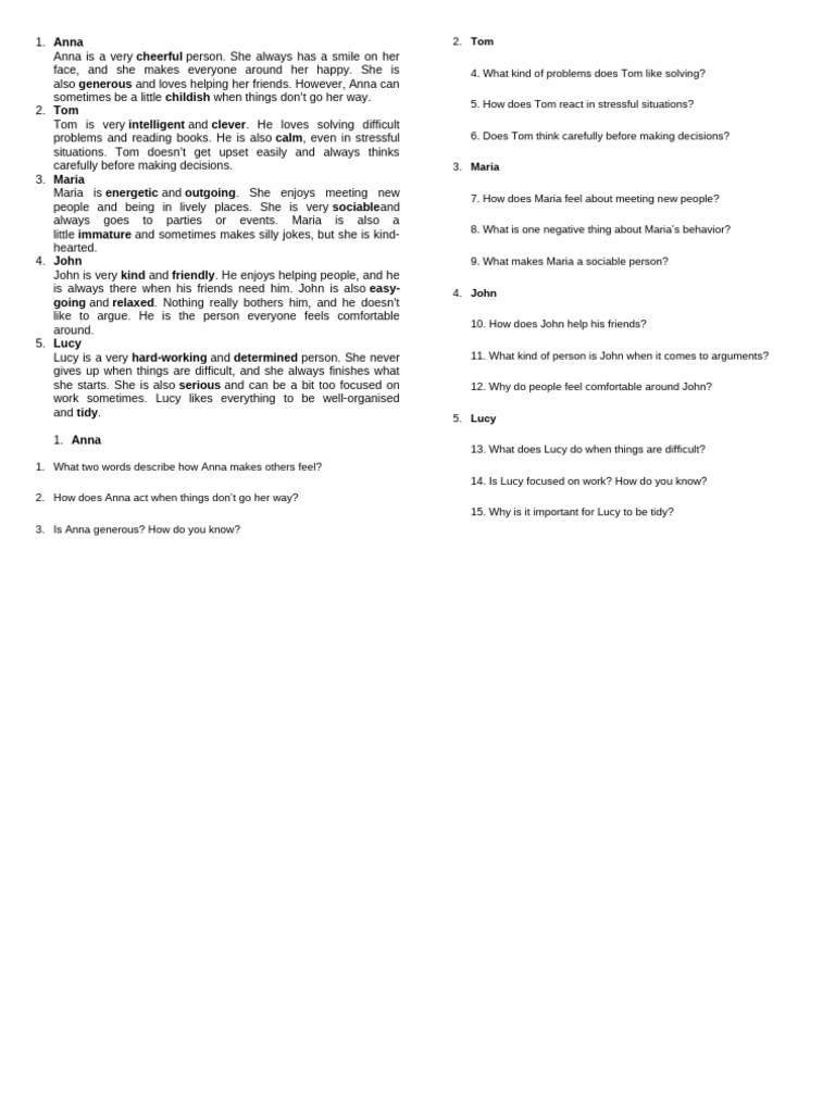 Character Traits of Five Individuals | PDF | Psychology