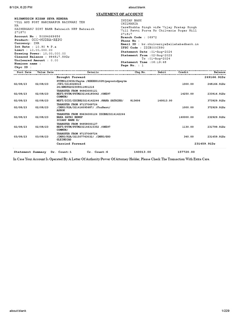 Bannk Statement Indian Bank | PDF | Debits And Credits | Banks