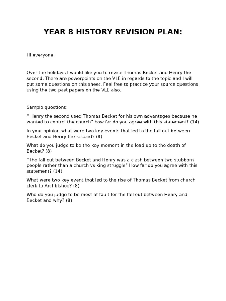 YEAR 8 HISTORY REVISION PLAN - Chirstmas 2023 | PDF