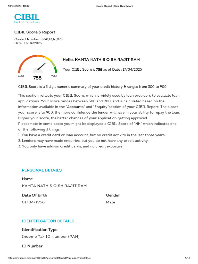 Cibil Dashboard Kamta Nath Gupta Score Report | PDF | Credit | Finance ...