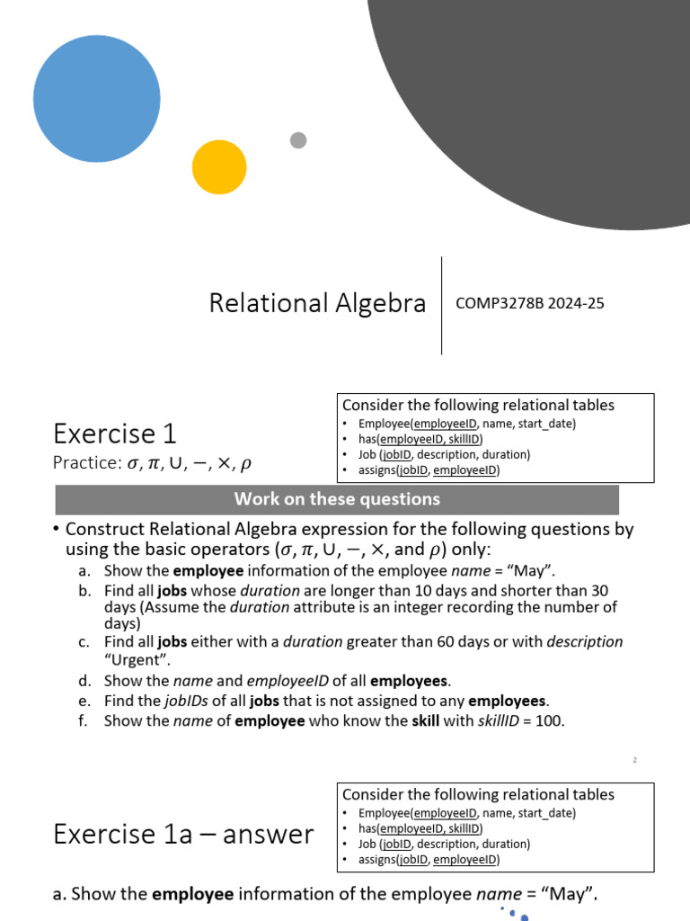 Tutorial 6 Relational Algebra Exercises Sols | PDF | Mathematical Concepts | Data Model