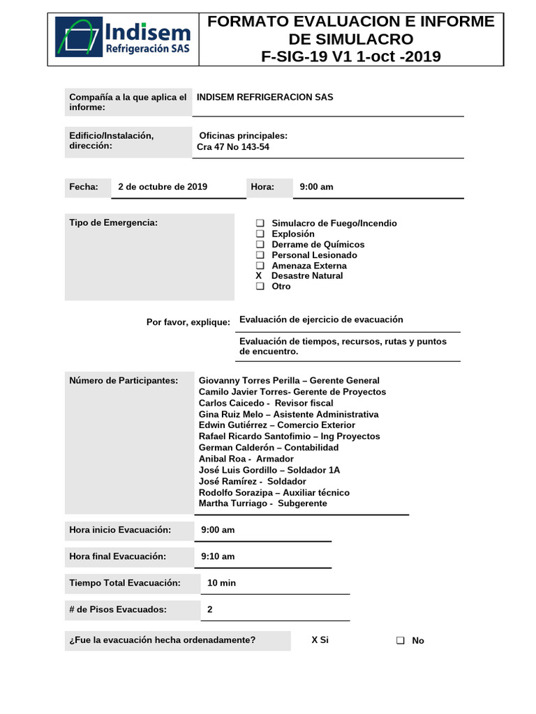 F-Sig-19 Evaluacion e Informe Simulacro | PDF
