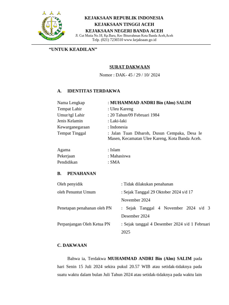 Dakwaan Penganiayaan Muhammad Andri | PDF