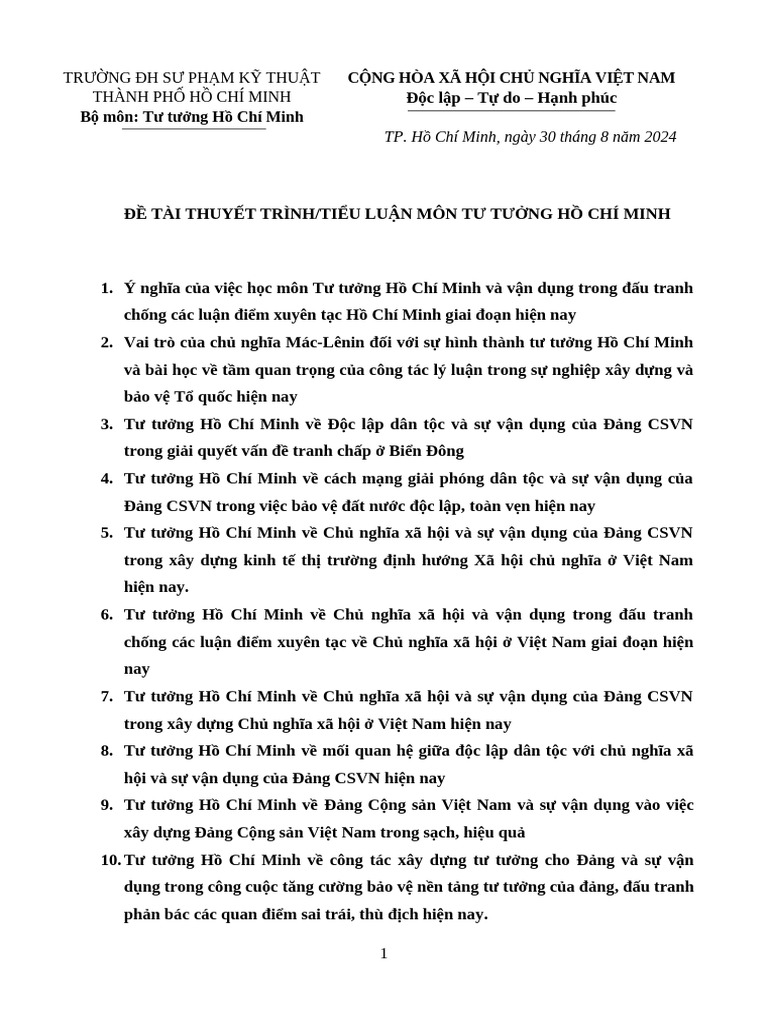 30 Đề tài thuyết trình và tiểu luận TTHCM- HK 2 - NH 2024-2025 | PDF