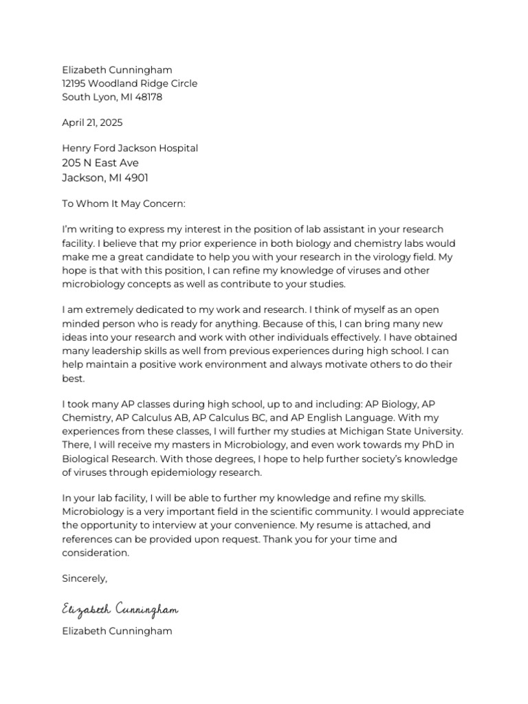 Elizabeth Cunningham - Cover Letter Due 4 - 21 | PDF