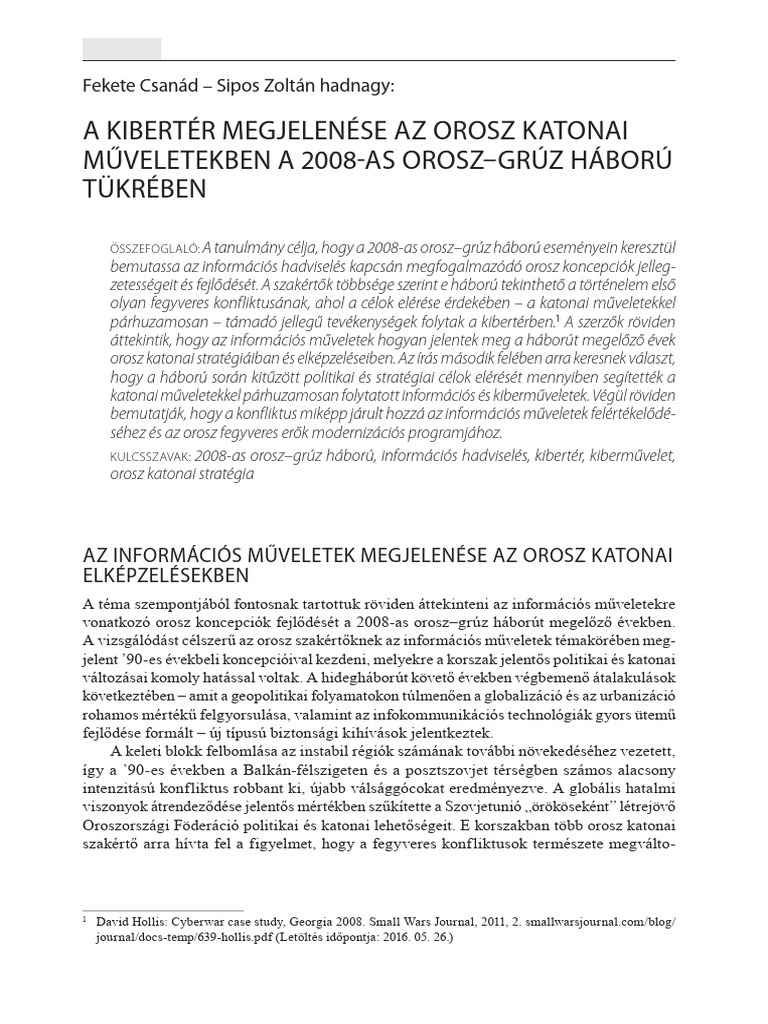 A Kiberter Megjelenese Az Orosz Katonai Muveletekben A 2008-As ...
