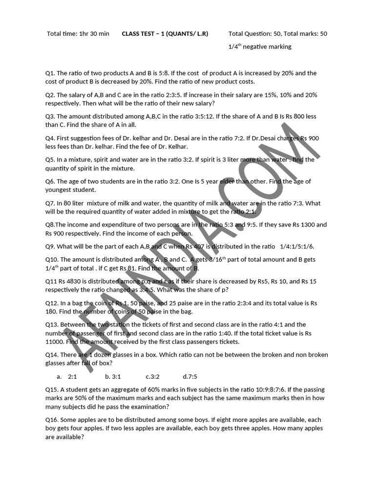 Percentage, Ratio and Proportion, Classification and Ranking and Order ...