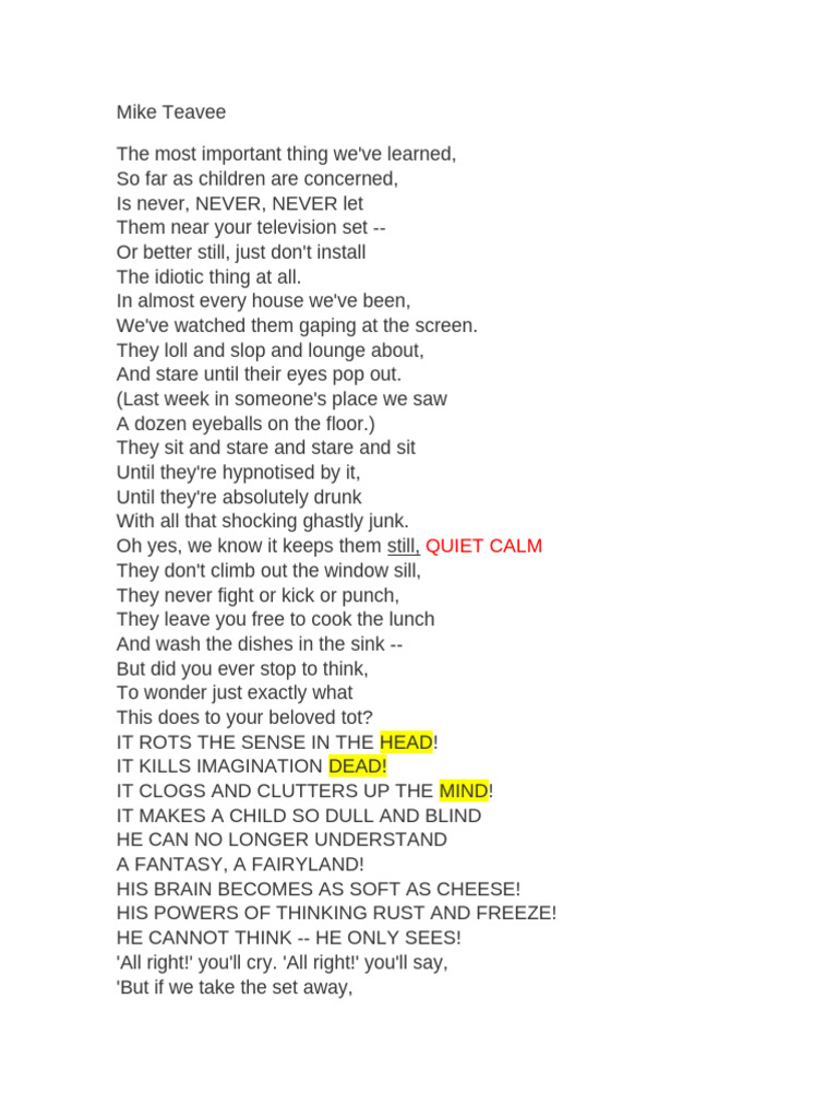 Mike Teavee: A Poem Against TV | PDF