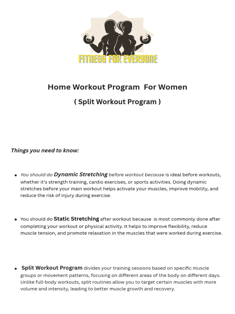 6) Home Workout Program For Women (Split Workout Program) | PDF ...