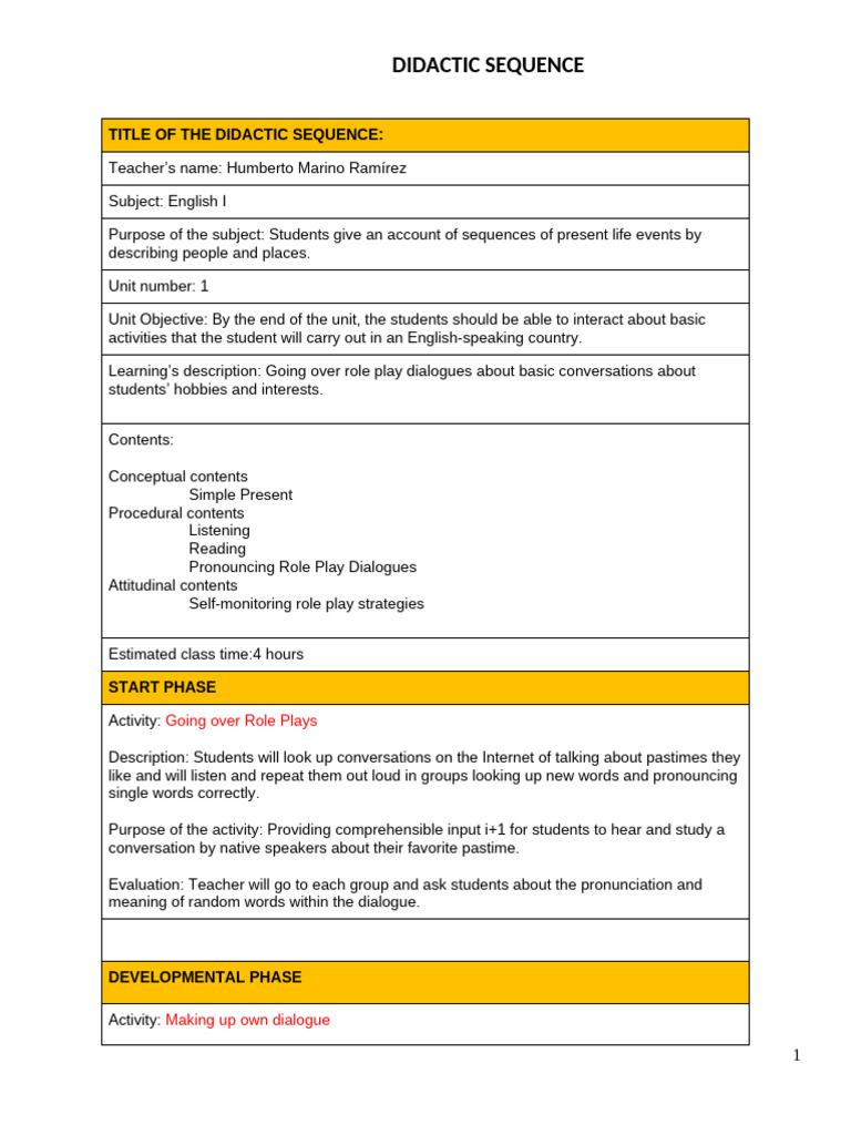 English I Didactic Sequence Overview | PDF | Conversation | Linguistics