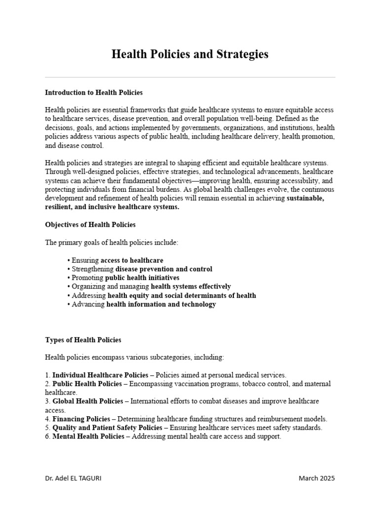 Health Policies and Strategies | PDF | Health Policy | Health System