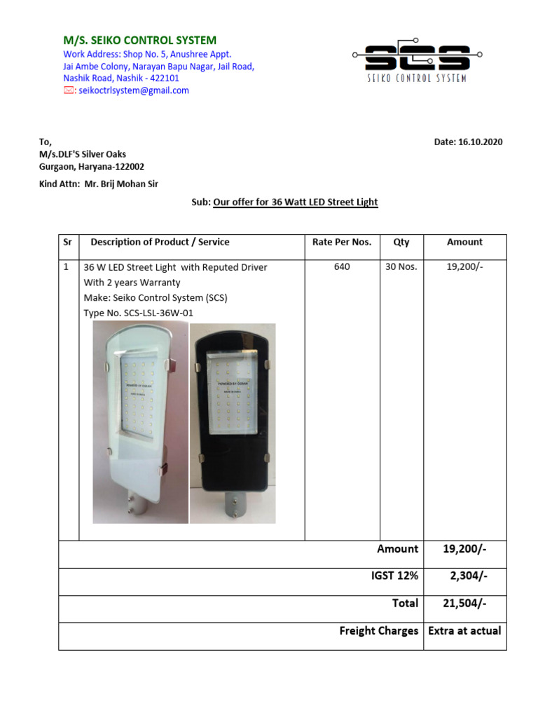 307-Quotation For 36watt LED Street Light (DLF'S Silver Oaks) | PDF