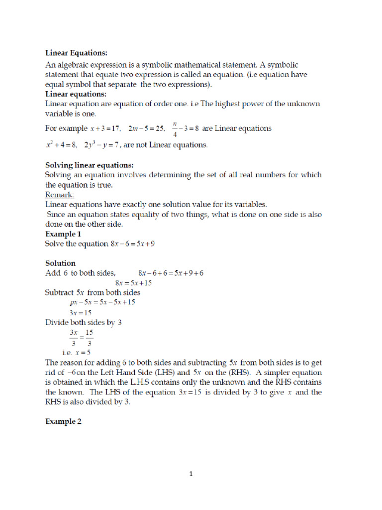 Lesson 2 Linear Equations and Quadratic Equations | PDF