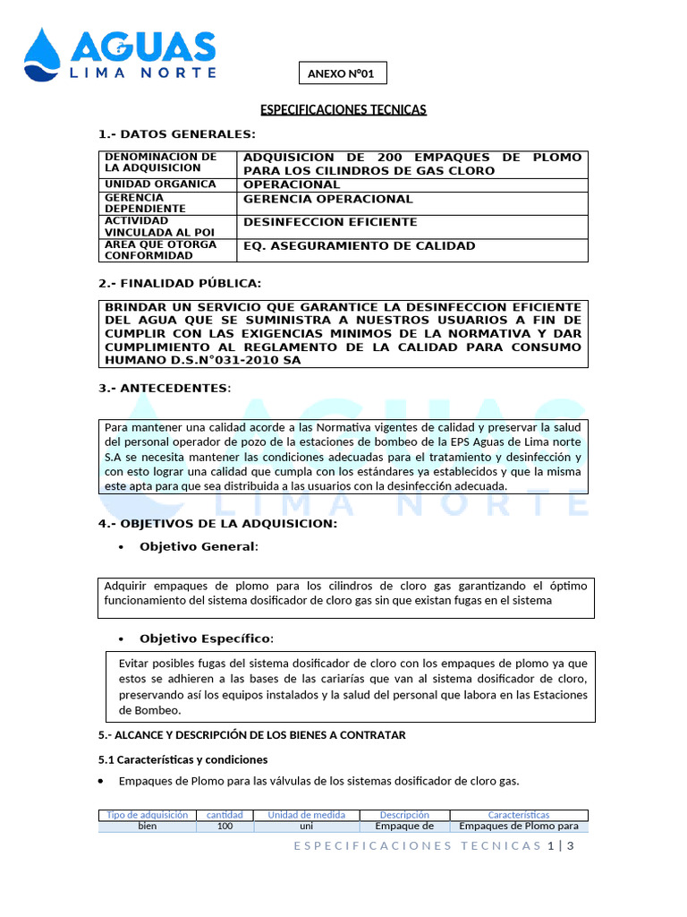 Especificaciones Tecnicas - Anexo N°01 Empaqueadura de Plomo | PDF