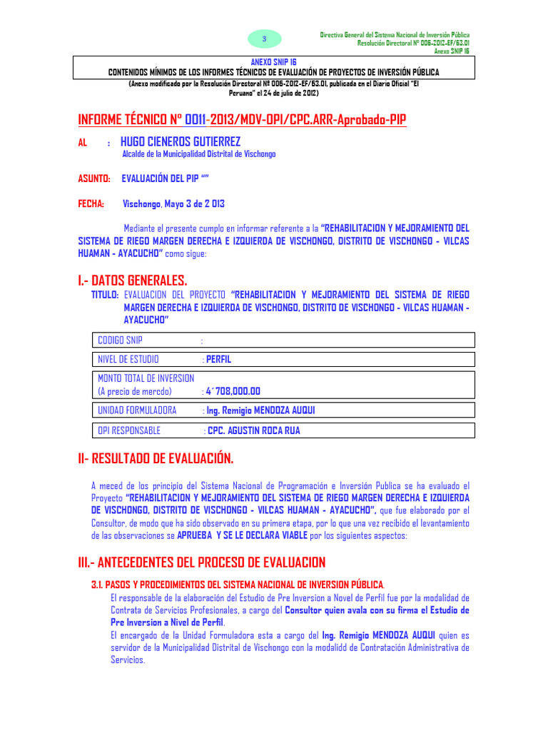 Evaluación Proyecto Riego Vischongo Ayacucho | PDF | Tasa interna de retorno | Riego