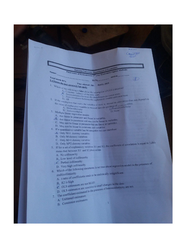 Econometrics Final Exam Hu Pdf