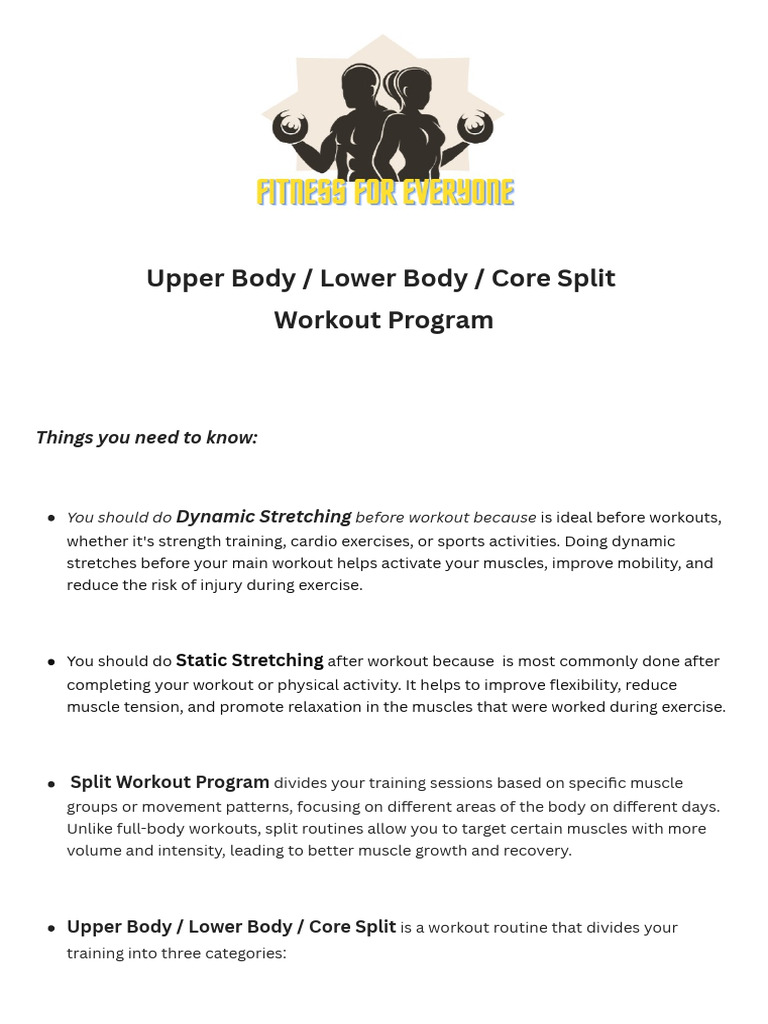 18) Upper Body - Lower Body - Core Split Workout Program. | PDF ...