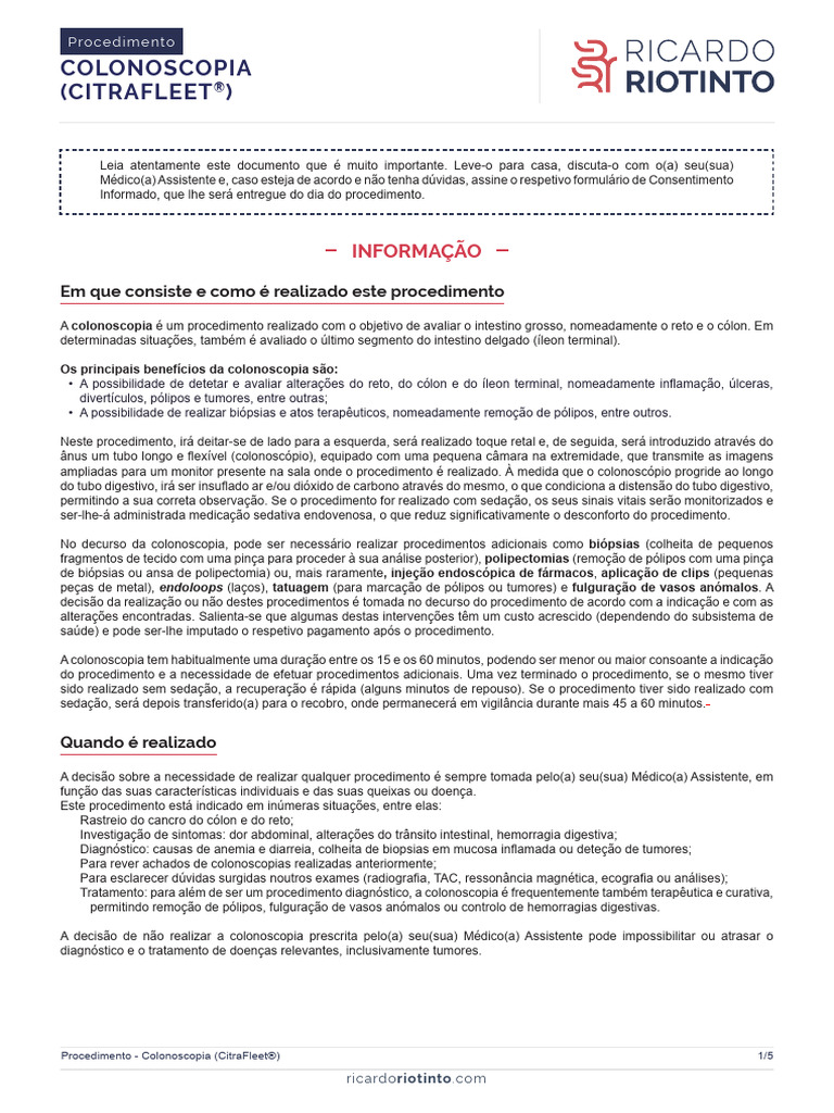 Procedimento Colonoscopia Citrafleet | PDF | Colonoscopia | Remédio