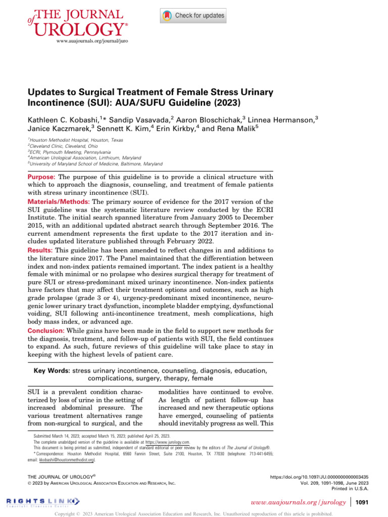 Kobashi Et Al 2023 Updates To Surgical Treatment of Female Stress ...