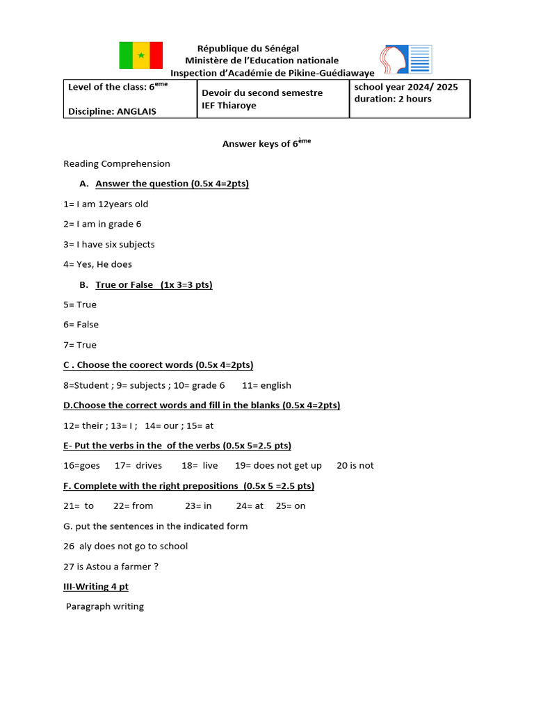 Answer Keys of 6ème N2 | PDF