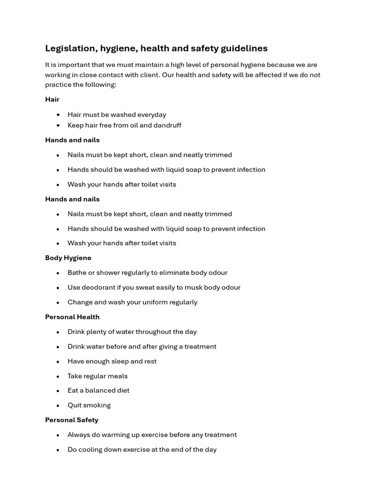 Legislation, Hygiene, Health and Safety Guidelines | PDF | Hygiene | Safety
