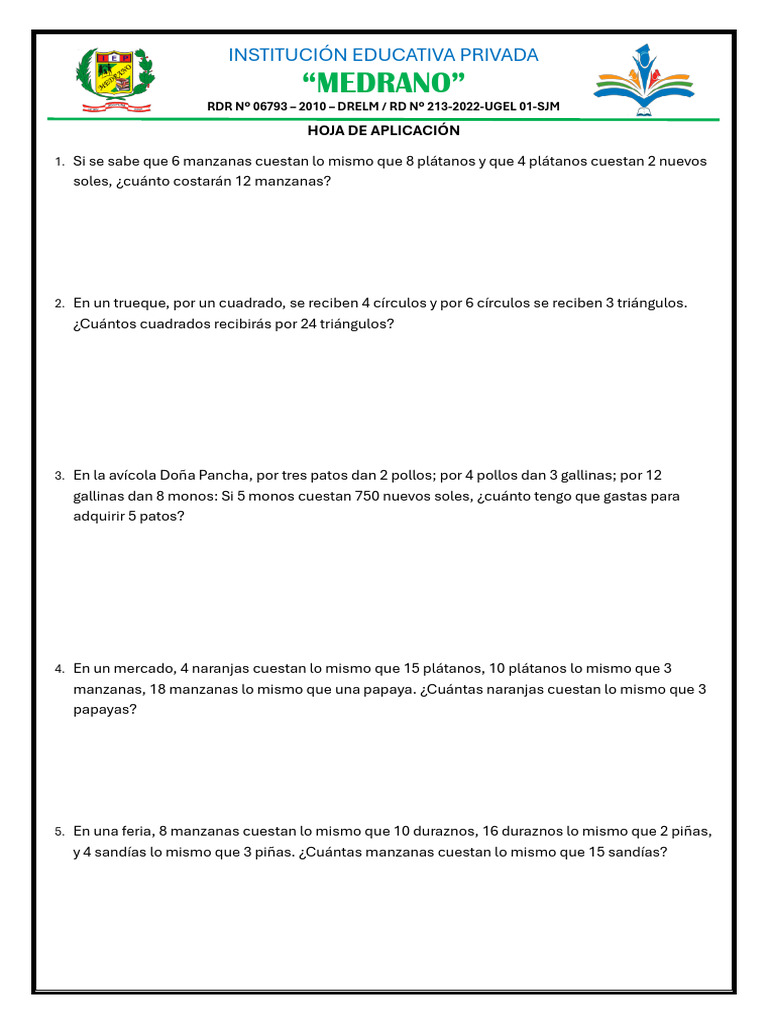 Hoja de Aplicacion RM 5to | PDF