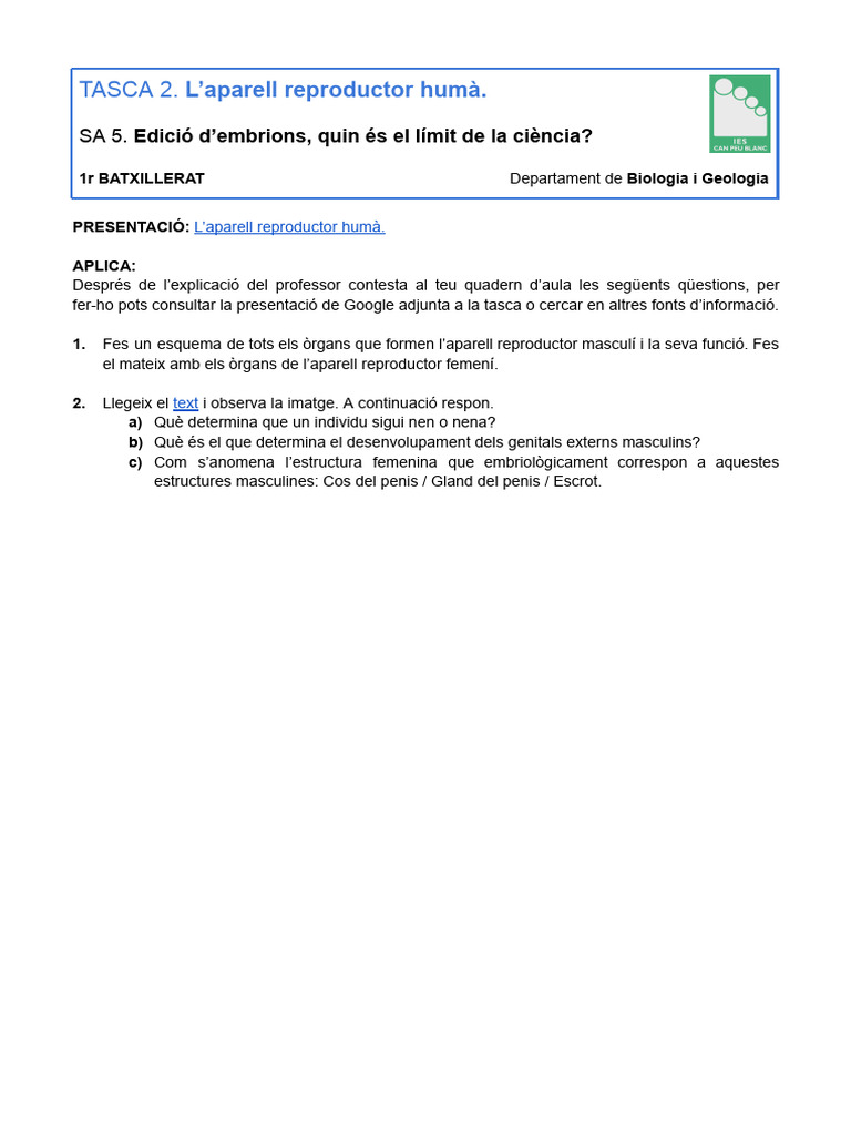 Tasca 2. L'aparell Reproductor Humà | PDF