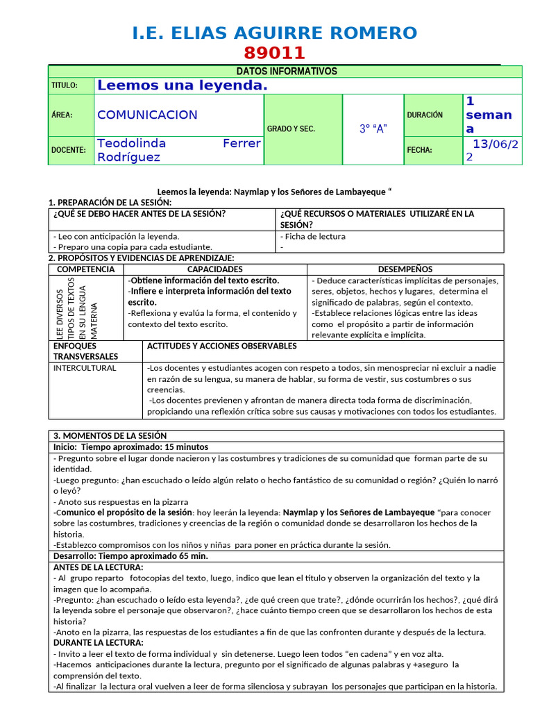 Sesion de Aprendizaje de Comunicacion Leemos La Leyenda Naymlap y Los ...