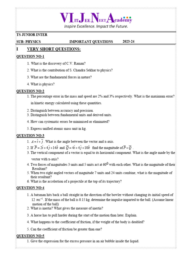 Ts JR Physics Imp Questions 2023-24 | PDF | Collision | Angular Momentum