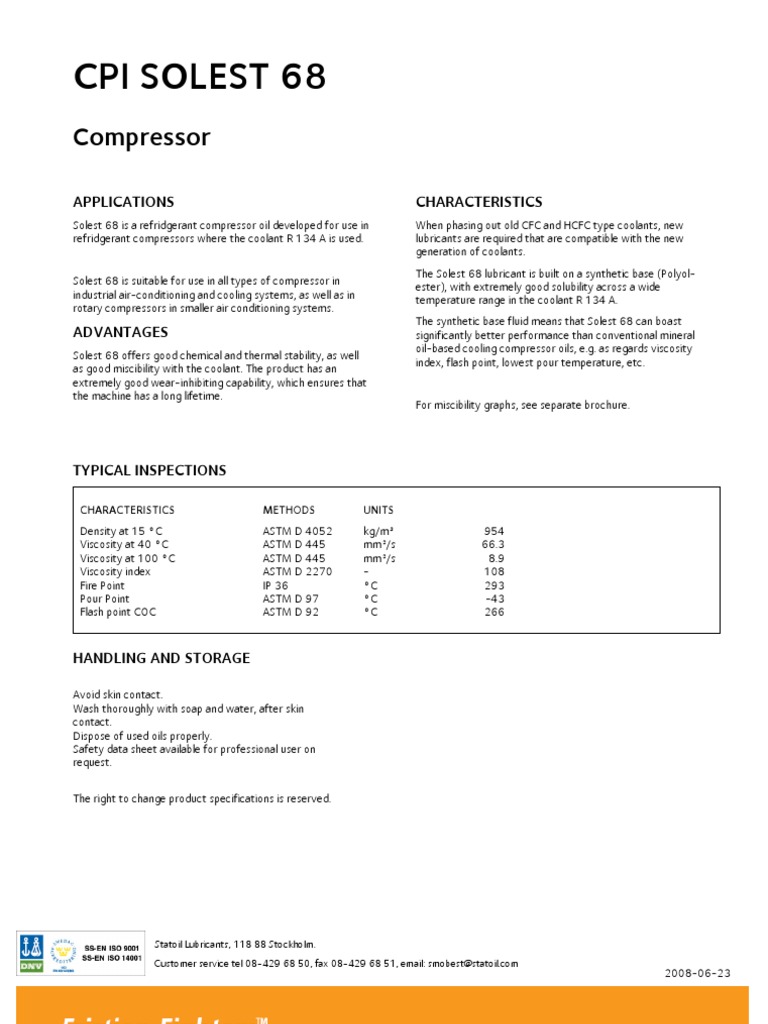 Solest 68 Refrigeration Oil Overview | PDF