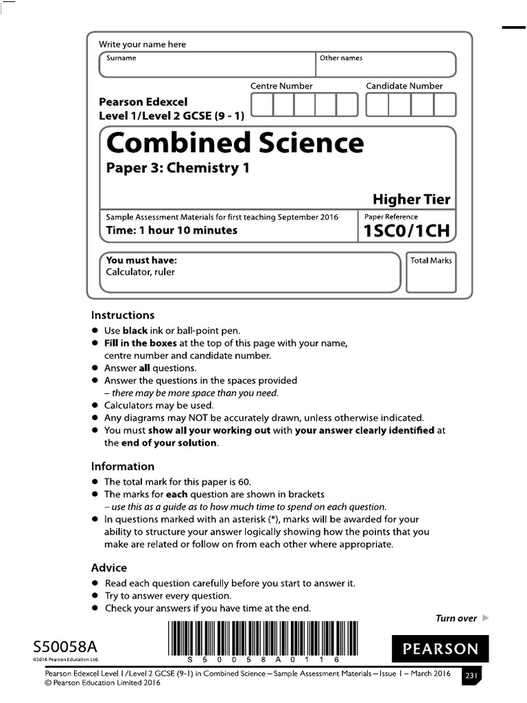 Specimen QP - Chemistry 1 (H) Edexcel Science GCSE | PDF