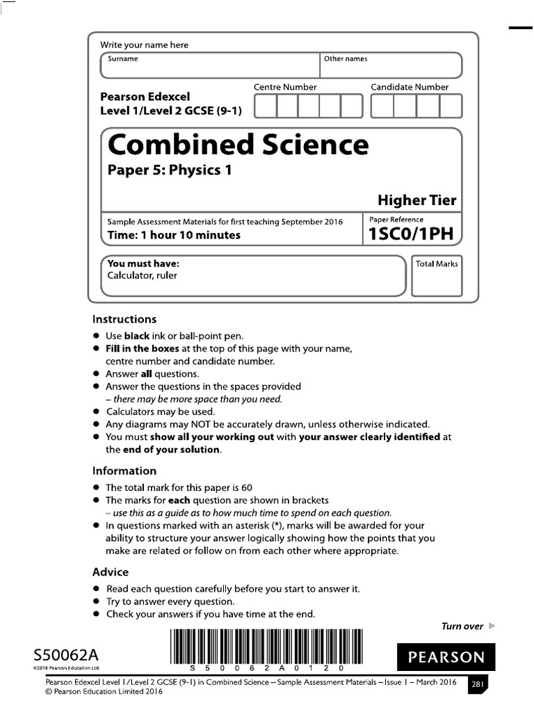 Specimen QP - Physics 1 (H) Edexcel Science GCSE (1)-1 | PDF
