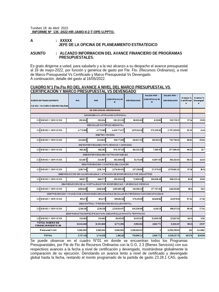 Informe de Avance de Ejecucion | PDF | Medicina | Cuidado de la salud