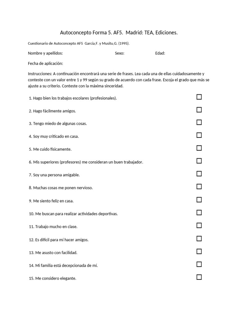 Cuestionario de Autoconcepto AF5 Incompleto | PDF