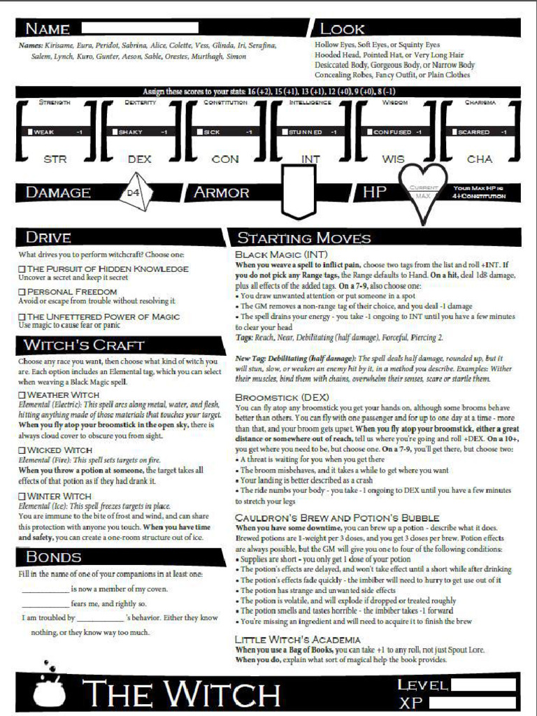 Dungeon World - Playbook - The Witch-Min | PDF