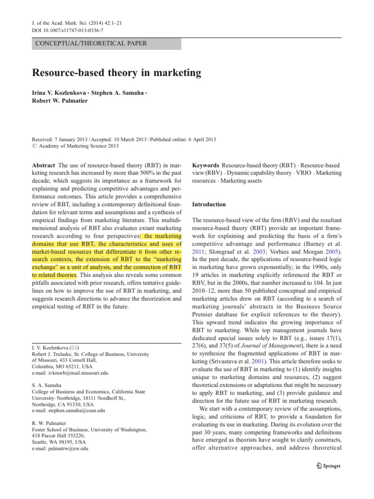 Resource-based Theory in Marketing | PDF | Economies | Business