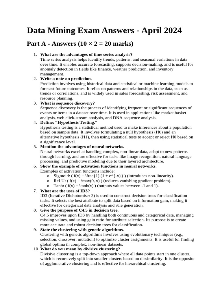 Data Mining Exam Answers - April 2024 | PDF | Cluster Analysis | Regression Analysis