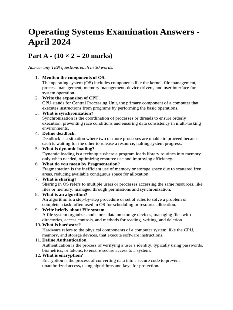 Operating Systems Exam Answers 2024 | PDF | File System | Operating System