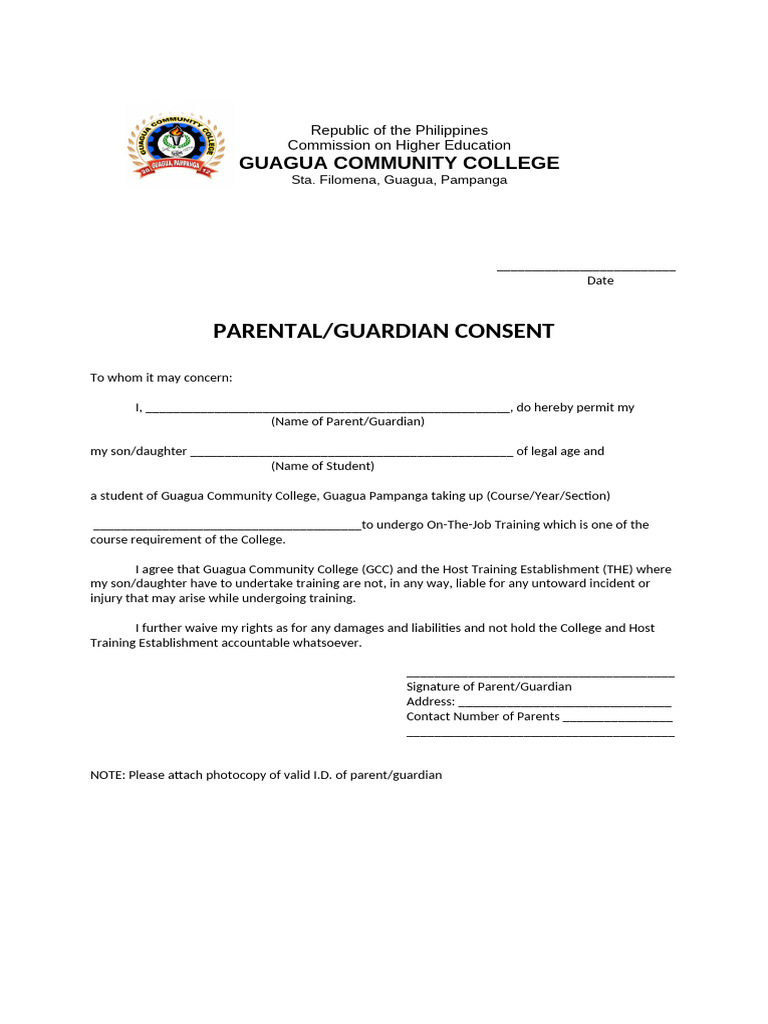 GCC Ojt Endorsement Parents Consent and Certification | PDF