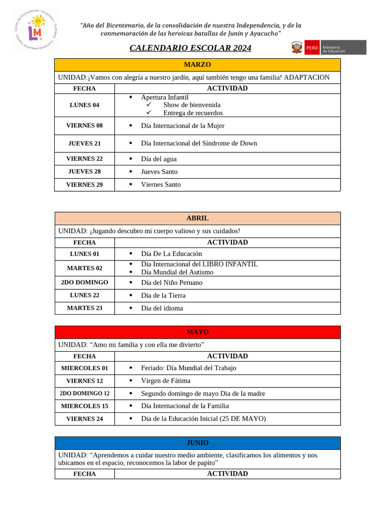 Calendario Escolar 2024 | PDF