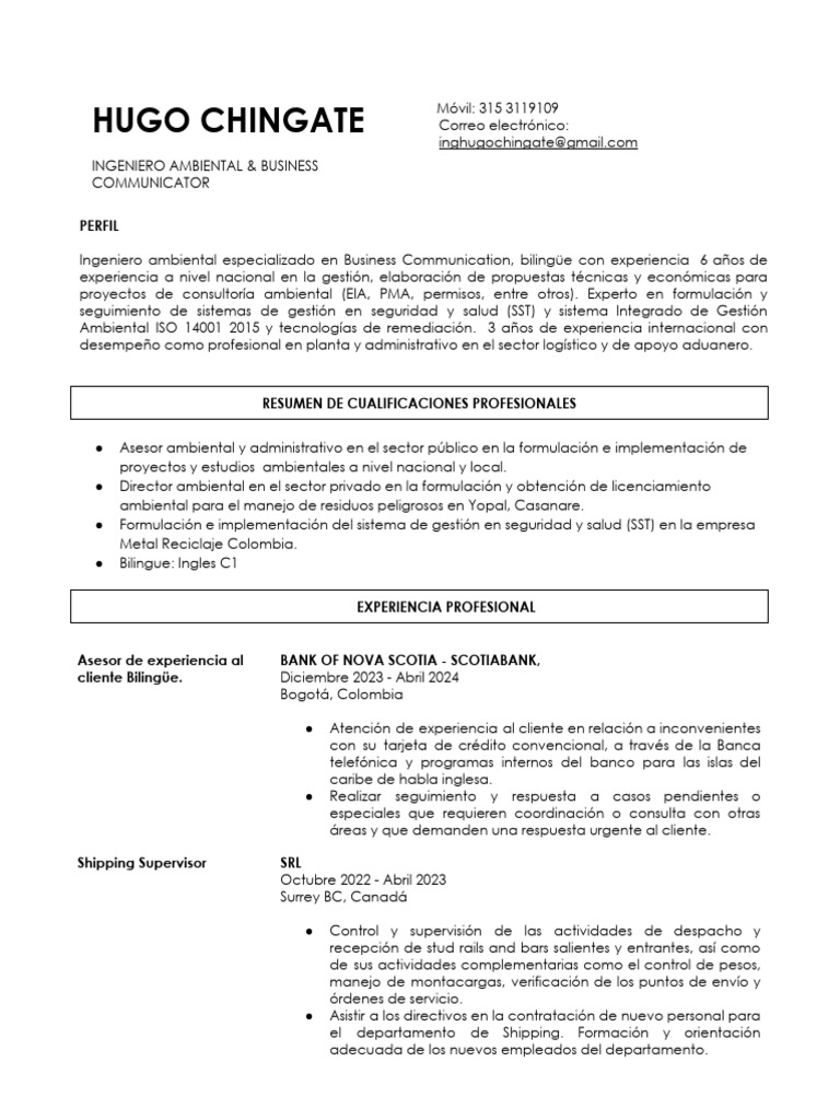 Ingeniero Ambiental Bilingüe con Experiencia | PDF | Colombia | Residuos