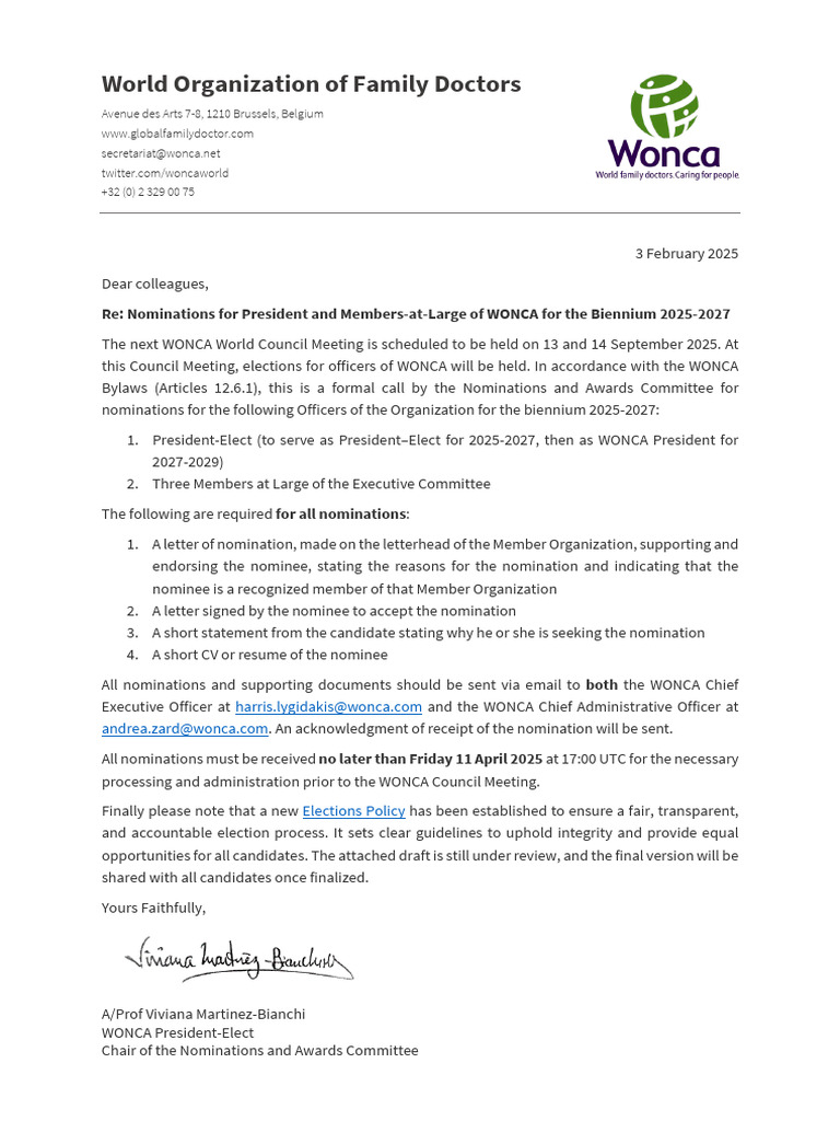 WONCA 2025-2027 Officer Nominations | PDF