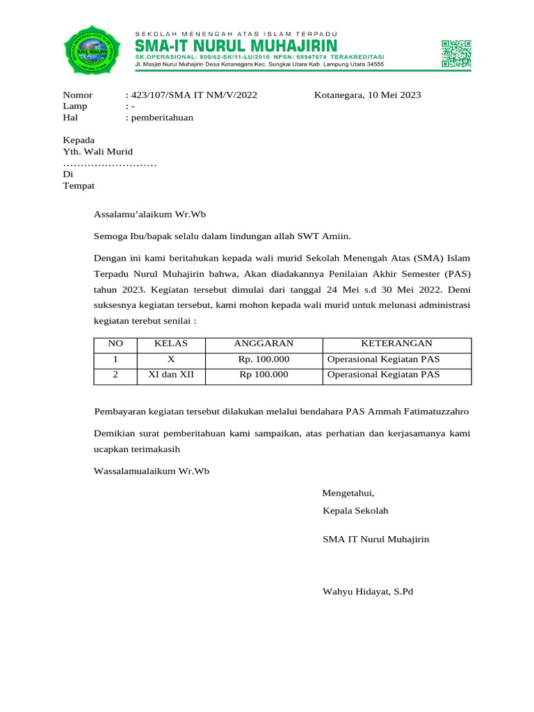 Surat Pemberitahuan Ulangan | PDF
