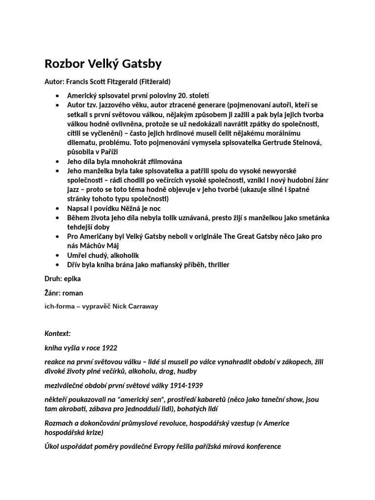 Rozbor VelkÃ Gatsby | PDF