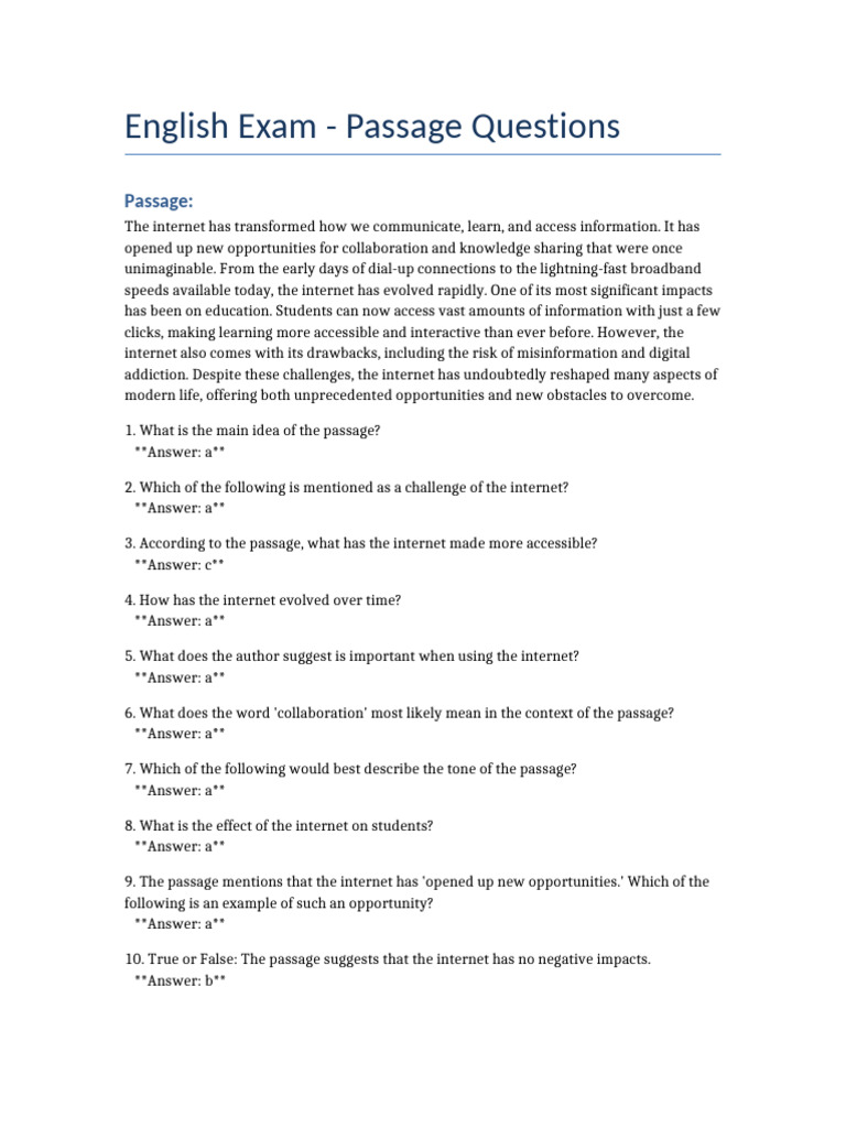 English Exam Passage Questions One Passage | PDF | Internet | Communication