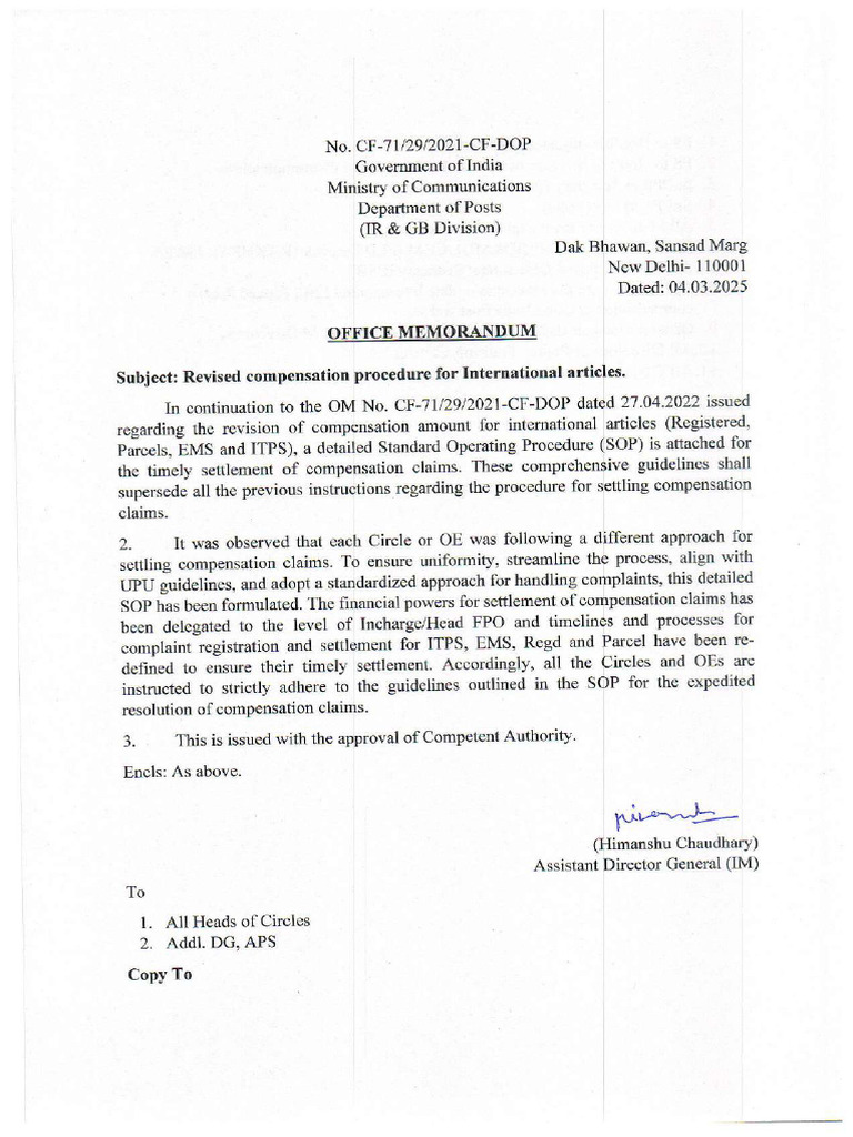 Revised Compensation Procedure For International Articles Dop | PDF | Mail | Public Services