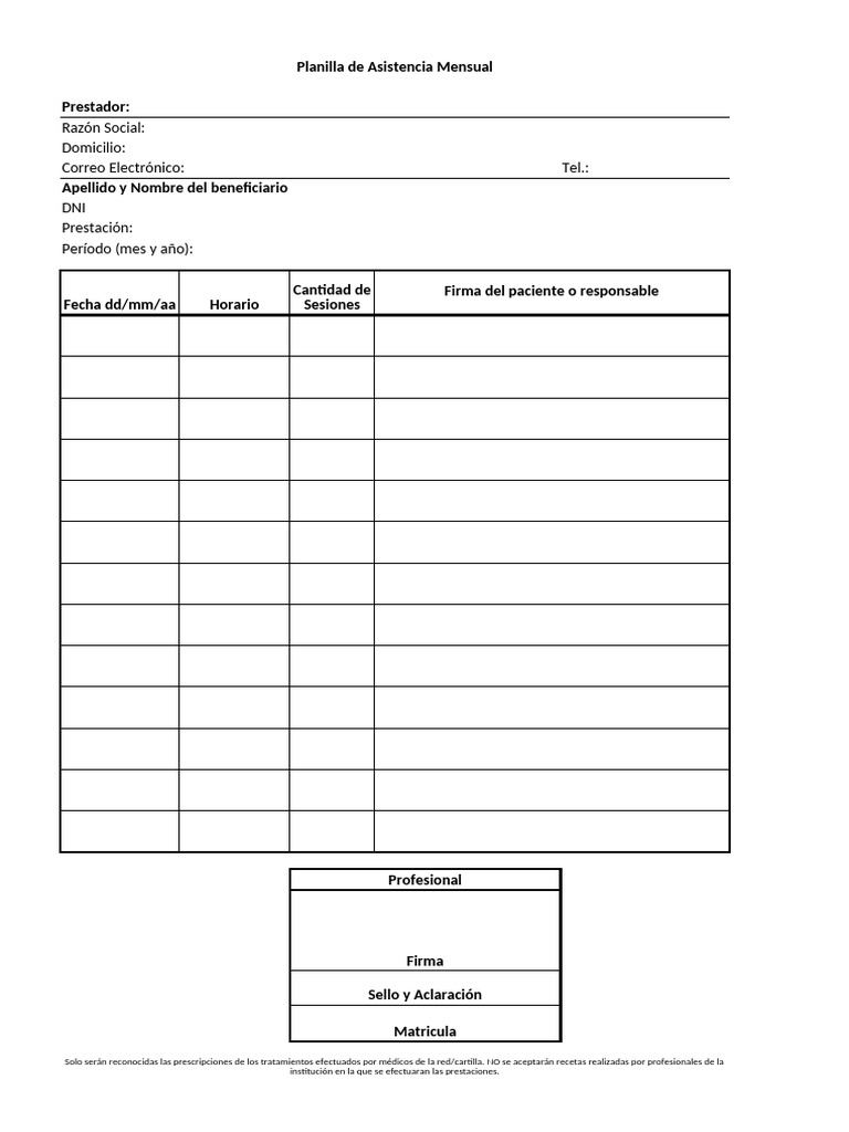 Planilla de Asistencia Mensual para Beneficiarios | PDF